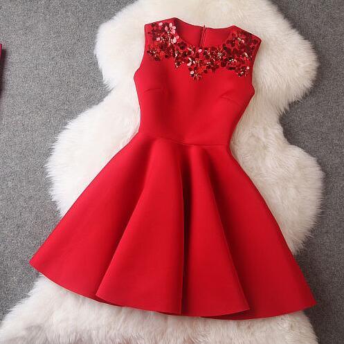 Luxury Designer Sequined Sleeveless Dress For Autumn&winter - Red on Luulla